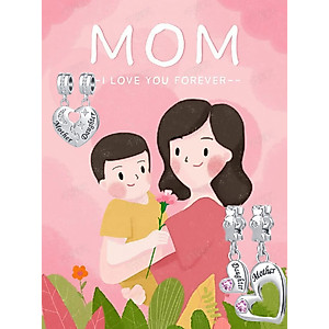 DWJSu Mother Daughter Charms Pandora Mom Charm Bracelet Heart Pink Crystal Dangle Charms for Necklace Bracelets and Charms for Gilrs Women, (DW-DMY023)