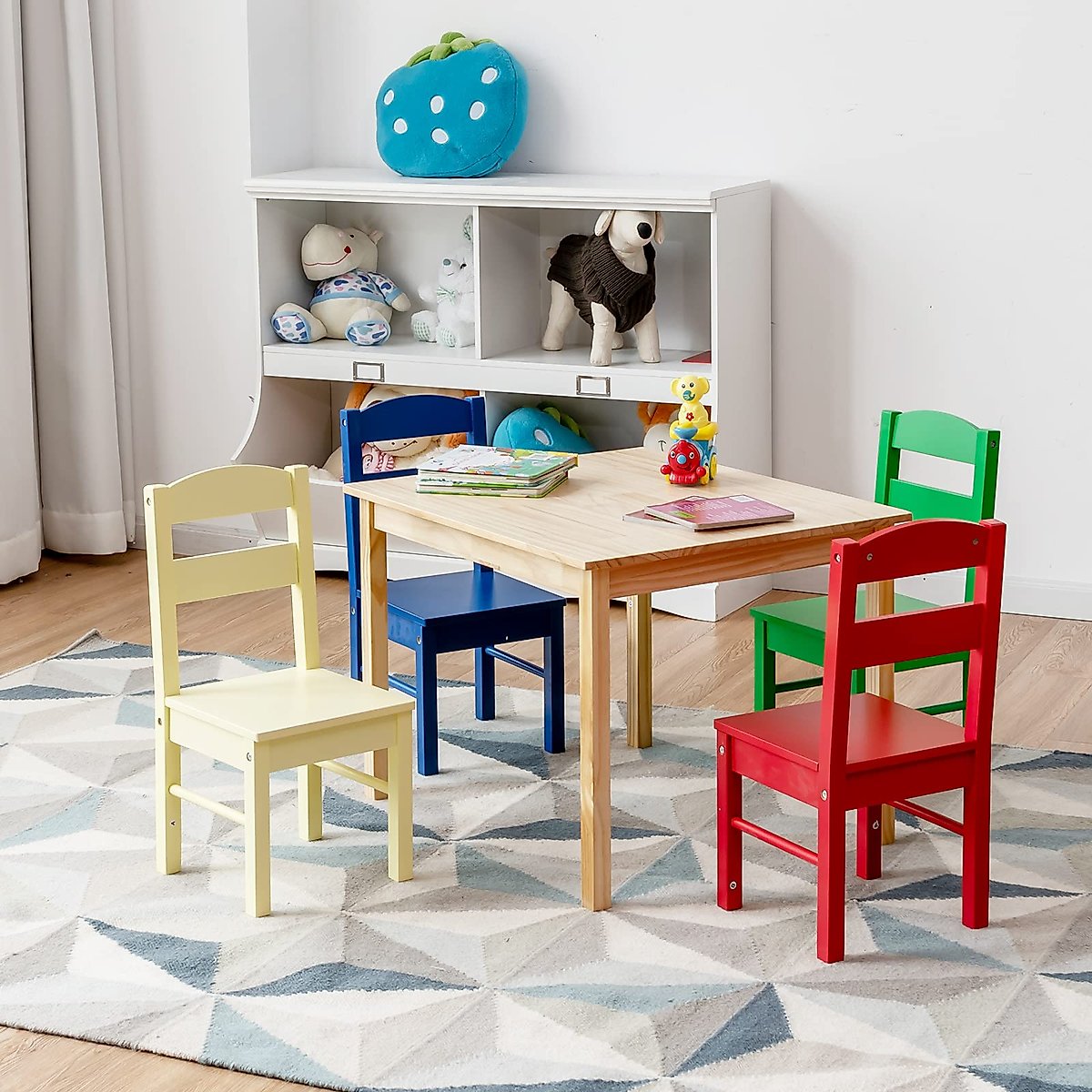 KOTEK Kids Wood Table and 4 Chair Set, Children Multi Activity Table for Learning, Playing, Drawing, Toddler Picnic Table and Chairs Set for Home, Classroom and Daycare (Assorted)
