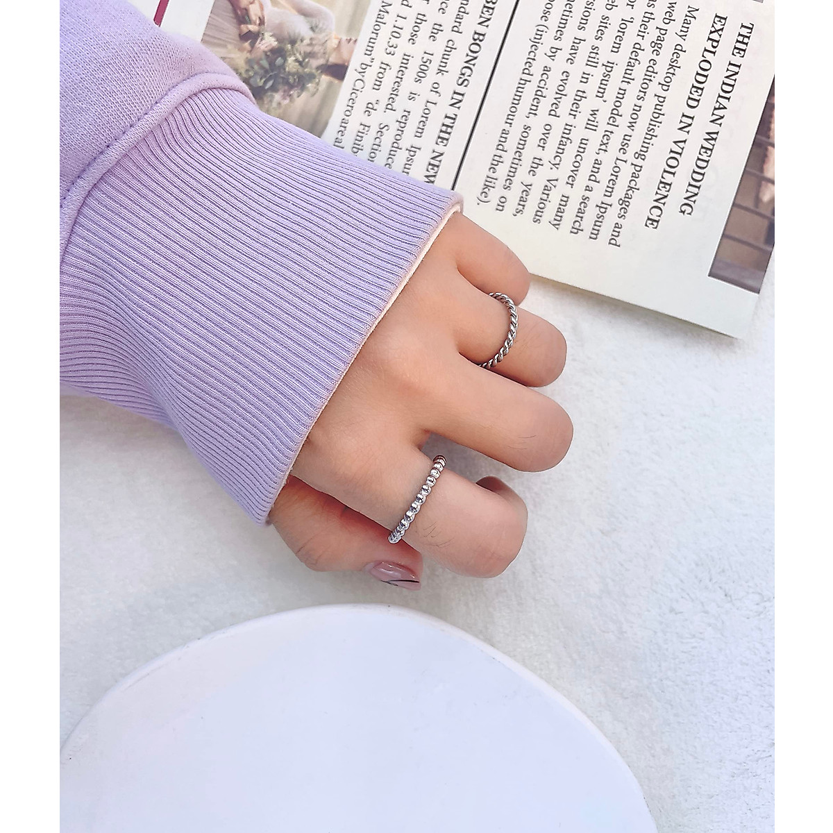 MYNENEY 2mm Stainless Steel Knuckle Rope Beaded Style Classical Simple Plain Stackable Wedding Band Ring (Knuckle Rope Silver, 11)