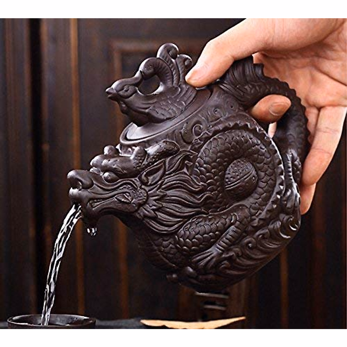 Authentic Yixing Teapot Dragon and Phoenix Tea Pot Big Capacity Purple Clay Tea Set Kettle Kung Fu Teapot (Black)