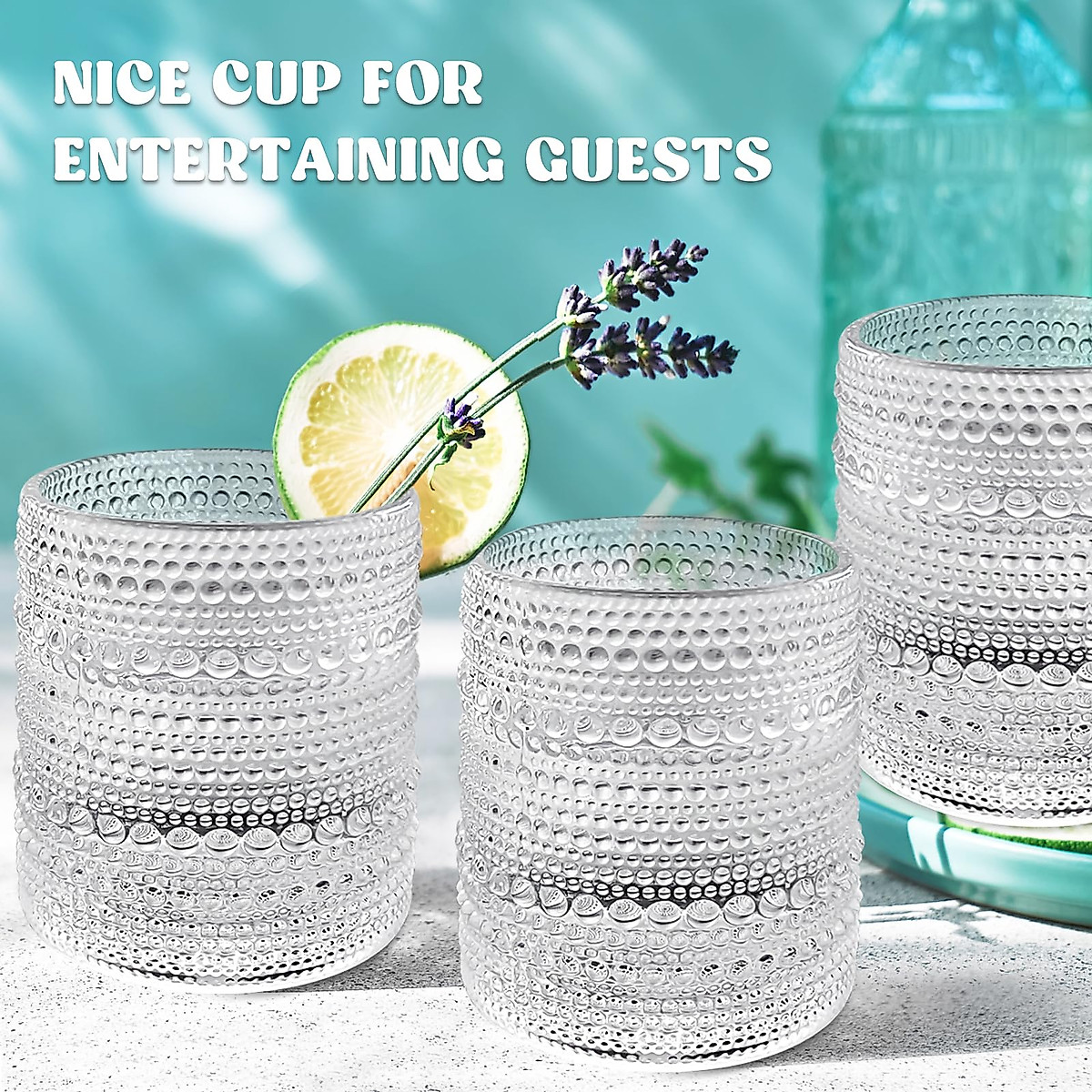 UPZAI 12oz Vintage Drinking Glasses Set of 4, Kitchen Glassware Old Fashioned Glass Cups, Aesthetic Water Cups for Beside Beverage Juice Coffee Beer Cocktail Whiskey (Clear)