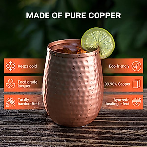 Copper wine glasses set of 4 – 17oz gleaming 100% solid hammered copper stemless wine cups – Valent for men and women – great copper tumblers for red or white wine and Moscow mules.