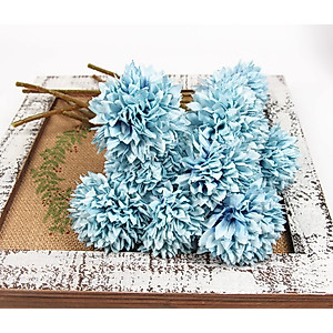 Tinsow 12 Pcs Artificial Flowers Faux Ball Chrysanthemum Bouquet Silk Light Blue Flowers Bridal Wedding Bouquet for Home Easter Party Wedding Decoration (Light Blue, 12)