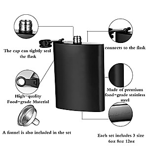 Vethwal 6Oz, 8Oz, 12Oz Stainless Steel Black Hip Flask set Leakproof Flask with Free Bonus Funnel Great Groommans or Bridal Wedding Gift, Set of 3