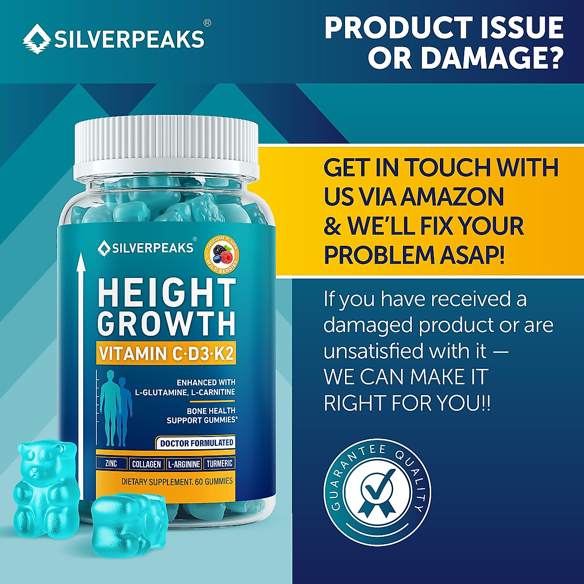 SILVERPEAKS Growth Gummies to Grow Taller - Height Growth Maximizer with Calcium Magnesium Vitamin D3 K2 - Bone Growth Get Taller Supplement - Natural Growth Pills - 60 Calcium Chews for Women & Men