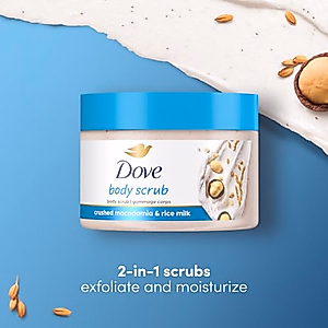 Dove Exfoliating Body Polish Scrub Reveals Visibly Smoother Skin Macadamia & Rice Milk Body Scrub That Nourishes Skin, 10.5 oz, 4 Count
