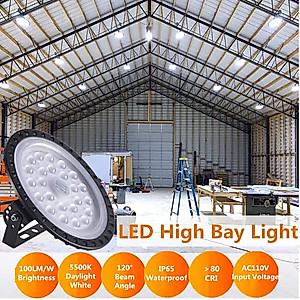LED High Bay Light 100W 10pcs, 10000LM UFO LED High Bay Light, 6000K High Bay LED Lights, IP54 Warehouse LED Lights Commercial Warehouse Area Light Fixture Bay Lighting for Garage Factory Workshop