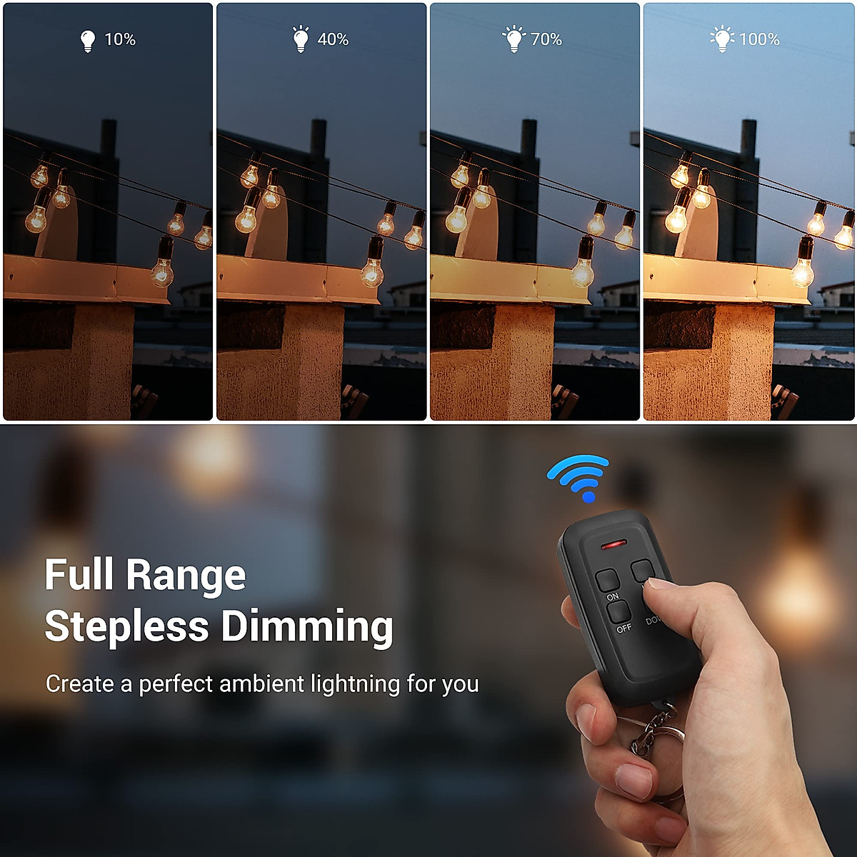 DEWENWILS Outdoor Dimmer for String Lights, Remote Dimmer Switch, Weatherproof Dimmer Plug, 100FT Range, Compatible with Dimmable LED/Tungsten Bulbs, FCC Certified