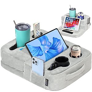 TabCouchCaddy - Couch Cup Holder Tray & Tablet Pillow Stand - Bed, Couch Caddy, Sofa, RV & Car - Holds Drinks, Snacks, Remotes, Phones, Tablet - iPad, Galaxy Tab Compatible | Bed Cup Holder (Grey)