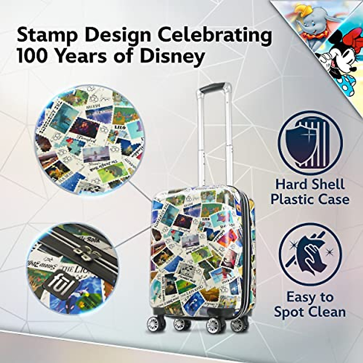 FUL Disney 100 22 Inch Carry On Rolling Luggage, 100 Years of Disney Stamps Hardshell Suitcase with Spinner Wheels, Multi