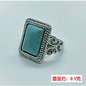 LVSHI 925 Sterling Silver Boho Chic Square Turquoise Ring Fashion Rings&Vintage Women Faux Square Turquoise Carved Flower Finger Ring Jewelry US Size 6-10 (Size 9) (C6)