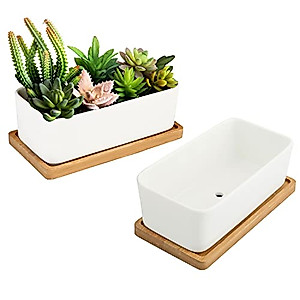MyGift White Ceramic Plant Pots with Drainage, Rectangular Succulent Planter with Removable Bamboo Saucers, Set of 2