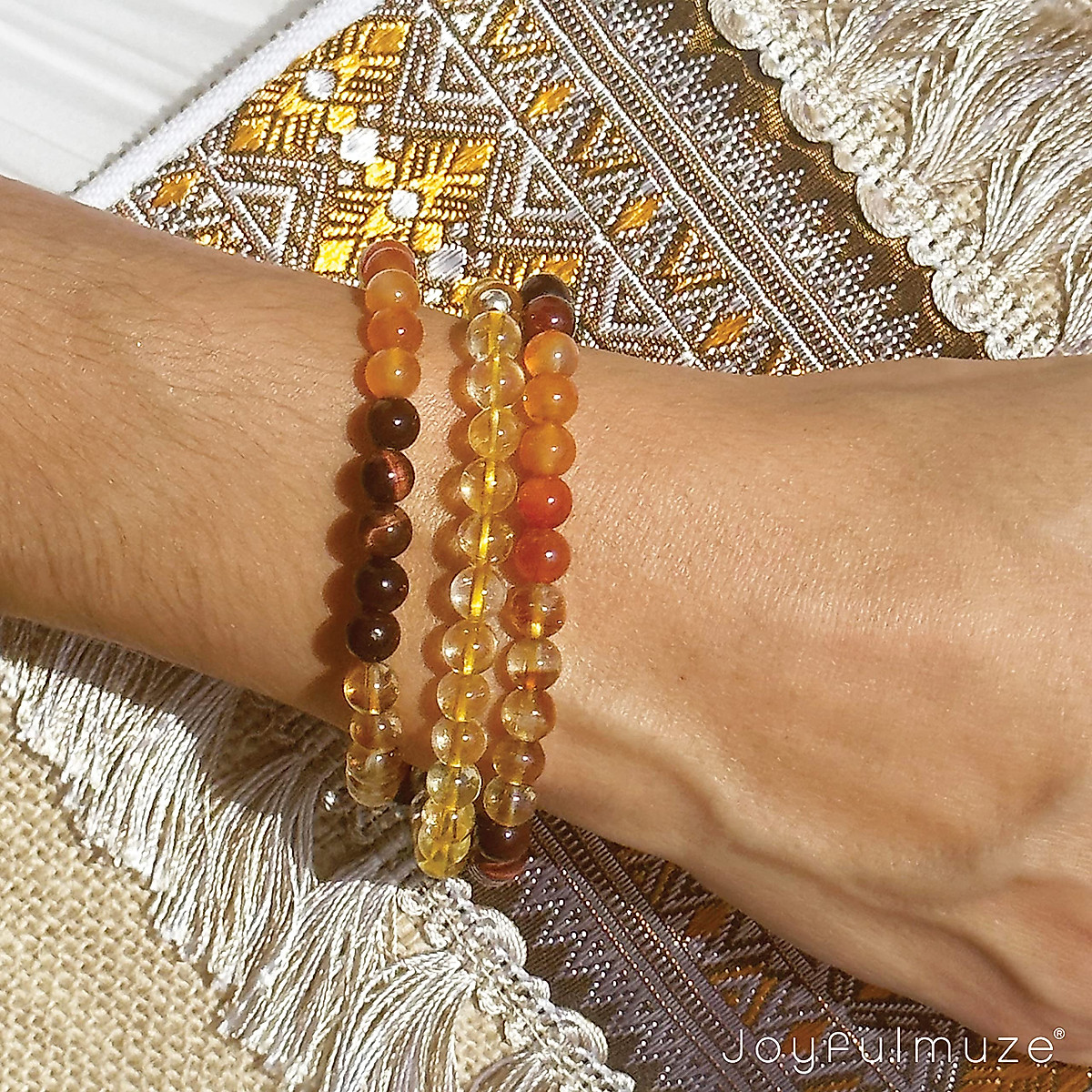 Joyfulmuze Natural Gemstones Stretch Bracelets, Carnelian Quartz, Rutilated Citrine, Red Tiger Eye Stone, Triple Protection Handmade Birthday Gift for Women and Men (Red-Tiger-Eye-Citrine-Carnelian)