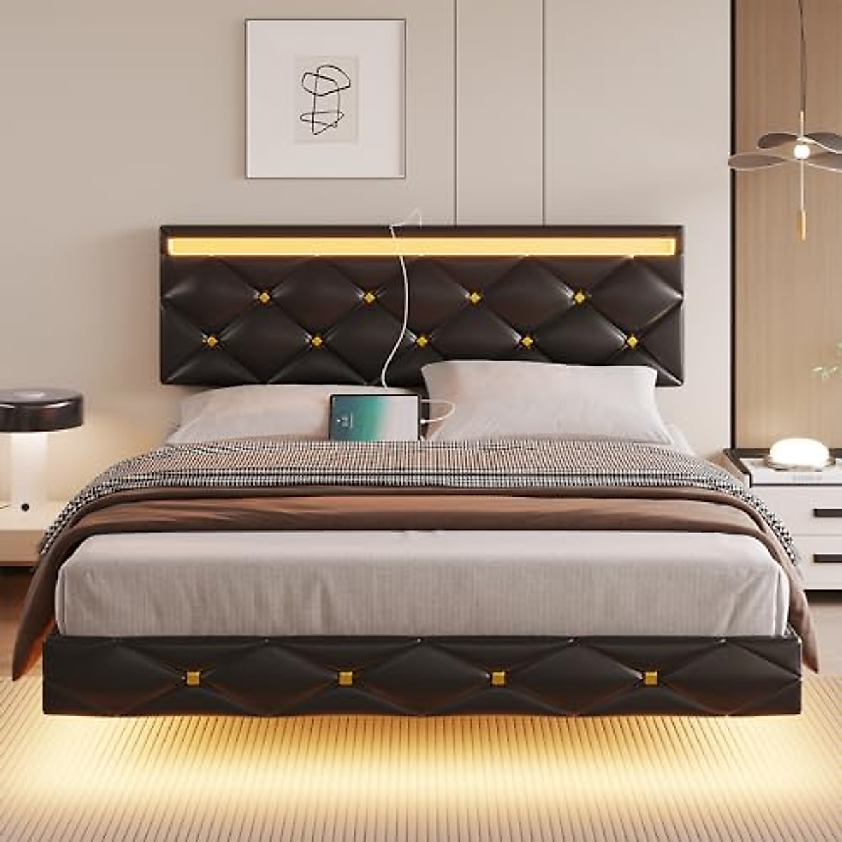 DICTAC Floating Bed Frame Full Size with Headboard and Charging Ports Modern Visual Full Floating Bed with Led Lights Black Faux Leather Upholstered Platform LED Full Bed Frame,No Box Spring Needed
