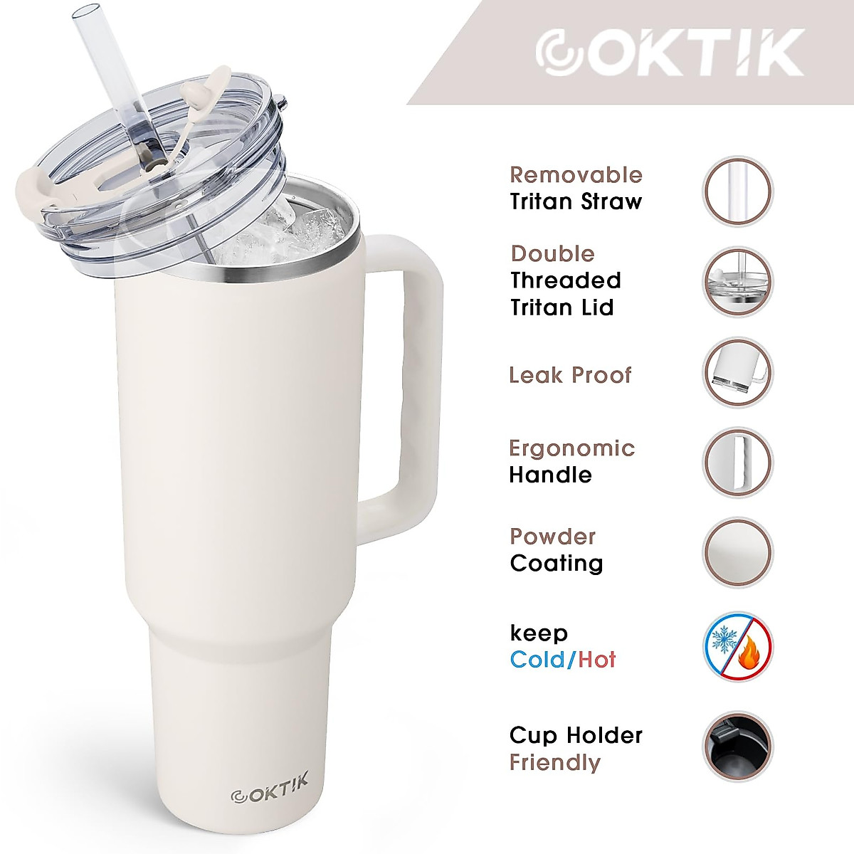 COKTIK50 oz Tumbler With Handle and Straw Lid, Vacuum Insulated Travel Coffee Mug Stainless Steel Insulated Cup for Beverages, Leak-proof, Cupholder Friendly(Beige)