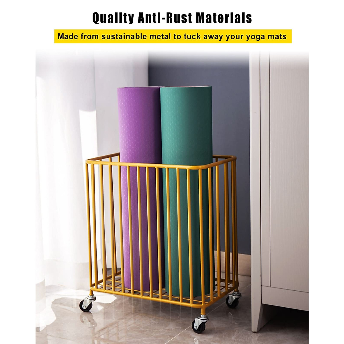 Gold Square Yoga Mat Holder with Wheels, Steel Frame Yoga Mat Storage Basket, Exercise Equipment for Home Workouts, Space Saving Yoga Mat Racks