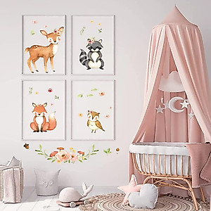 Supzone Woodland Animal Wall Decals Cartoon Animal Wall Stickers Cute Raccoon Deer Fox Owl Forest Animal Wall Decal for Kids Baby Nursery Playroom Bedroom Wall Decor