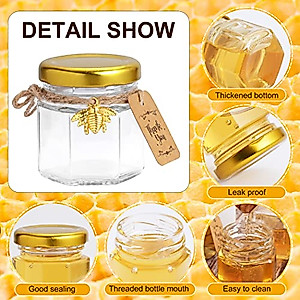 60 Pack Mini Honey Jars 1.5 Oz Glass Honey Jars with Wooden Dippers,Bee Charms,Thank You Cards,Jutes And Stickers, Hexagon Small Honey Jars with Dipper Party Favors in Bulk For Baby Shower Favors Wedd