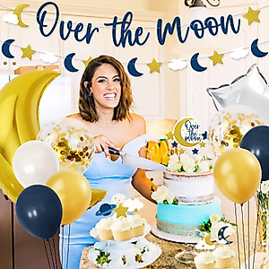 Sinasasspel Over the Moon Baby Shower Decorations Space Party Banner Moon Star Cake Cupcake Toppers Navy Blue Gold Balloons for Twinkle Twinkle Little Star Outer Space First Birthday Supplies
