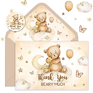 Whaline 24 Packs Bear Thank You Cards Brown Cute Bear Greeting Cards Thank You Beary Much Blank Note Cards with Envelopes and Stickers for Wedding Baby Shower Birthday Party Supplies, 4 x 6 Inch