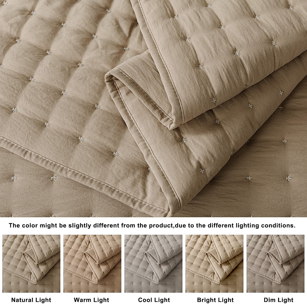 WDCOZY Beige Twin Size Quilt Bedding Sets with Pillow Sham, Tan Cream Lightweight Bedspread Coverlet, Quilted Blanket Thin Comforter Bed Cover, All Season Summer Spring, 2 Pieces, 68x90 inches