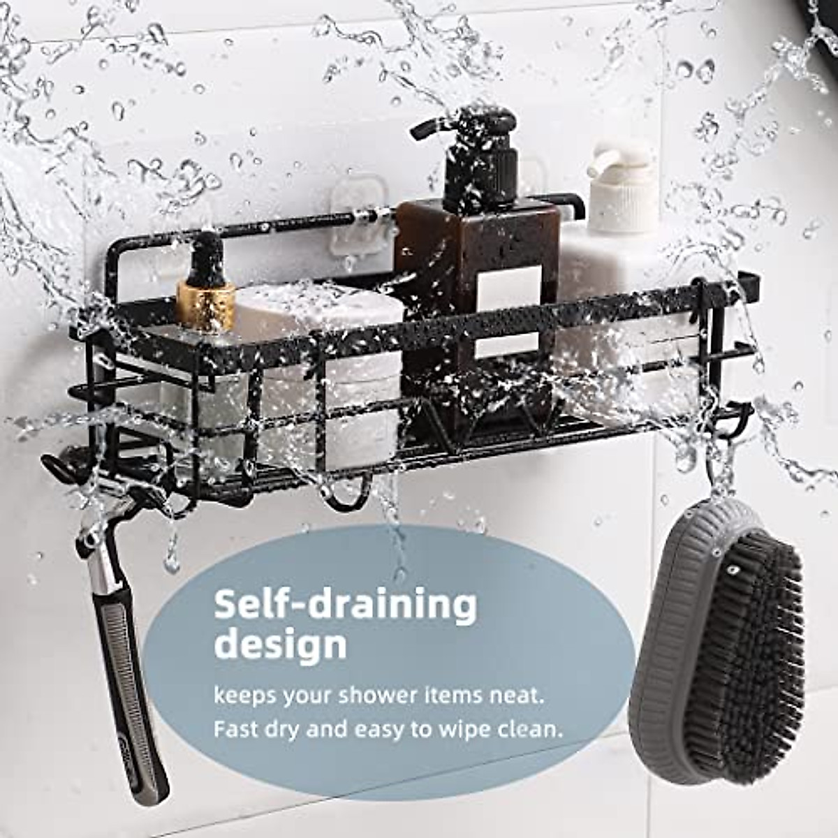 ToNewBe Self Adhesive Shower Shelves, Storage Rack Organizer with 3 Shower Caddy Hooks , Shower Rack No Drilling Wall Mounted Shower Storage Self, 2 Packs Shower Caddy.