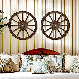2 Pcs 12 in Farmhouse Rustic Wagon Wheel Wooden Decoration Western Cowboy Style Home Decorations with Metal Hooks 3D Structure Style (Brown 3D)