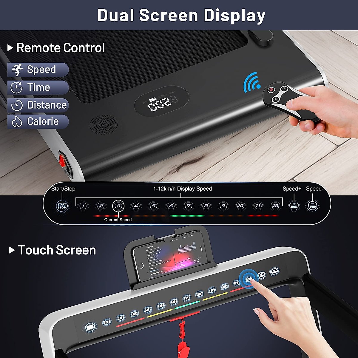 GYMAX Walking Pad, Dual LED Display 2 in 1 Under Desk Treadmill for Home with Remote & Smart App Control, 2.25HP Foldable Portable Treadmill Running Machine for Office Small Space (Pearl)