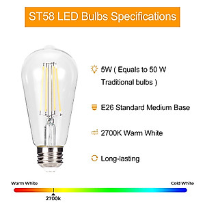 truestory Dimmable Vintage LED Edison Bulbs, 5W, Equivalent 50W, 450lm, Warm White 2700K, ST19(ST58) LED Filament Bulbs, E26 Medium Base, Clear Glass, Pack of 6 (Warm Light)