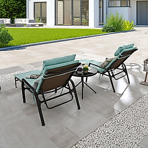 Festival Depot 3 Pieces Chaise Lounge Set of 2 Patio Chairs with Adjustable Back Removable Cushions and 1 Bistro Table Outdoor Furniture for Pool Lawn Deck Garden (Light Blue)