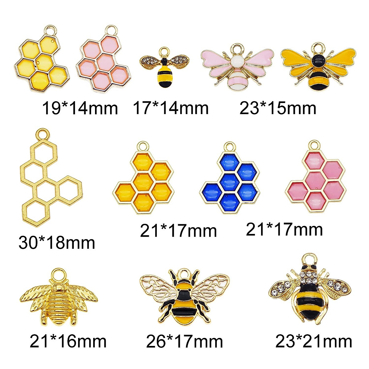 JJGQAZ 24 Pieces(12 PAIRS) Alloy Enamel Bee Charms Rhinestone Jewelry Making Bee Honeycomb Charms Pendants for Necklace Bracelet Earrings Keychain DIY Making Supplies