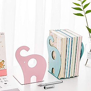 FAVOMOTO 1 Pair Metal Bookends Cute Cartoon Elephant Shape Bookend Stand Book Stoppers Bookshelf Holder Organizer for Bedroom Office School Book Display Pink