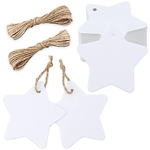 Five-Pointed Star Gift Tags 100PCS Paper Gift Tags with String White Gift Tag with Natural Jute Twine for DIY, Craft, Party Favors, Wedding Favors and Special Events (White)