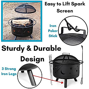 BIRDROCK HOME 30" Round Patio Fire Pit with Cover - Stars & Moon Pattern - 30 - Outdoor Backyard Lawn Garden - Light Weight Metal Fire Ring - 4 Roasting Sticks - Lid Lift Tool and Fire Poker