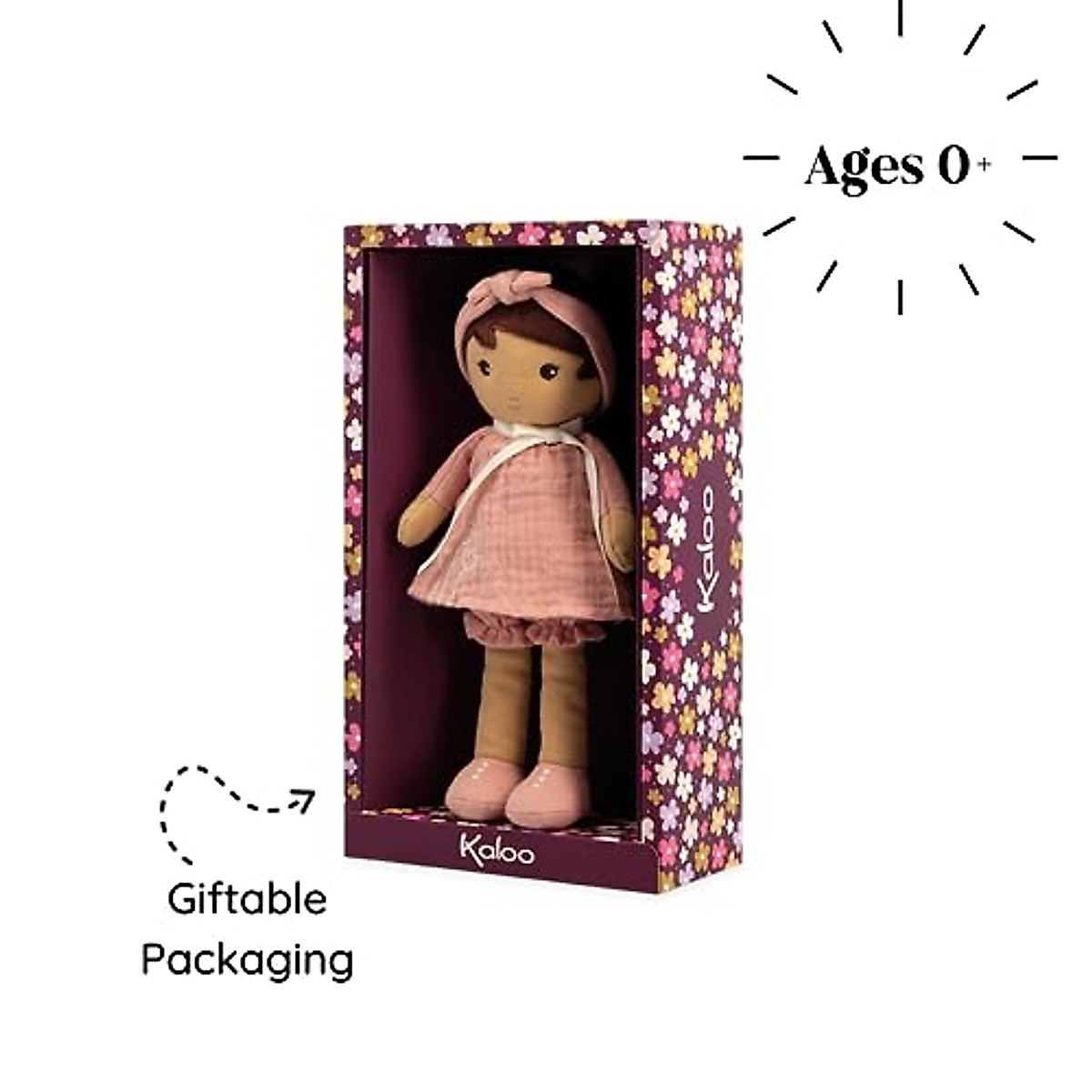 Kaloo Tendresse - My First Fabric Doll Amadine 10” Tall - Brown Hair and Pink Linen Dress - Washable - Ages 0+ - K200004