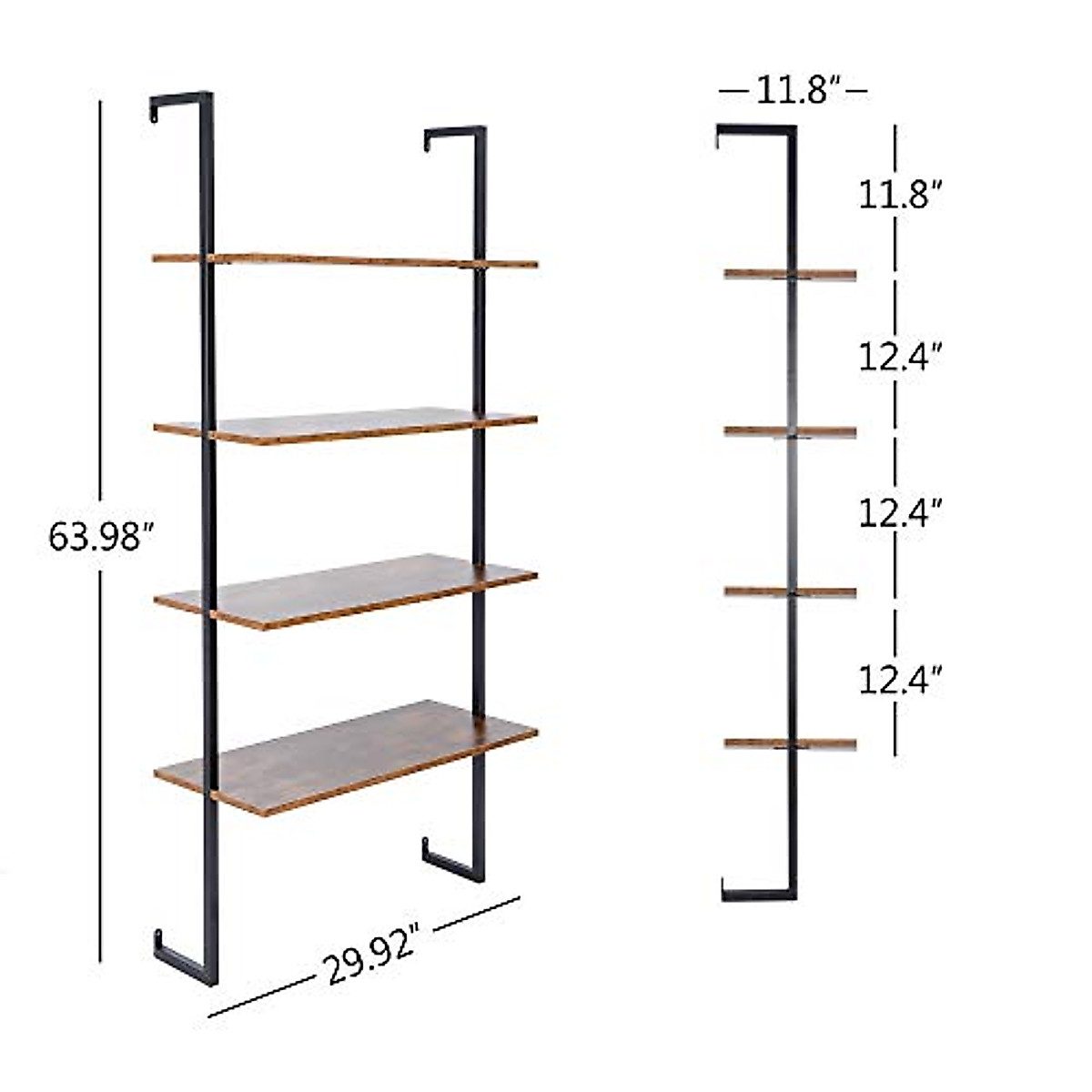 SUPER DEAL 4 Tier Bookcase, Floating Wall Mounted Bookshelf Hanging Wall Wood Shelves with Industrial Pipe Metal Frame, 30in L x 11.8in W x 64in H, Rustic Brown