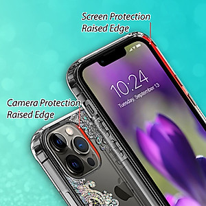 Coolwee Clear Glitter Compatible with iPhone 12 Pro Max Case Thin Flower Cute Crystal Lace Bling Women Girls Floral Plastic Hard Back Soft TPU Bumper Protective Cover Slim Fit Mandala Henna