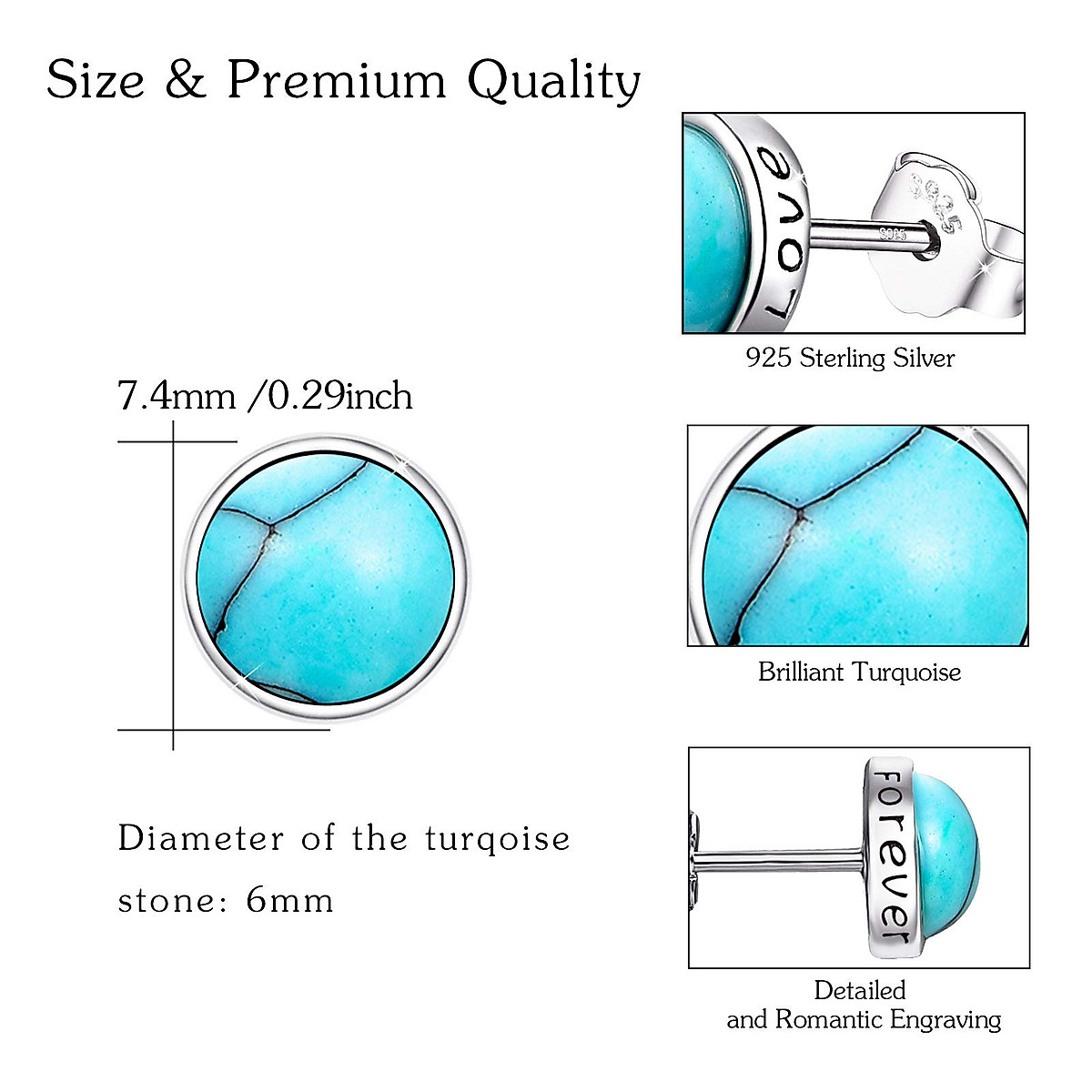 925 Sterling Silver Turquoise Studs Hypoallergenic Earrings for Sensitive Ears with Romantic "Forever Love" Engraving Jewelry Valentine for Women Girlfriend-6MM