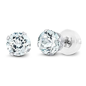 Gem Stone King 14K White Gold Sky Blue Aquamarine Stud Earrings For Women (0.80 Cttw, Gemstone Birthstone, Round 5MM)