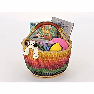 African Market Basket, Small Round Woven Straw Basket with Handle Fair Trade Storage Container