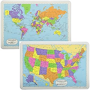 Painless Learning Educational Placemats Sets USA Map and World Map Non Slip Washable, Large