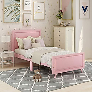 MWrouqfur Twin Size Wood Platform Bed Frame for Kids,Bed Frame Mattress Foundation with Headboard and Wood Slat Support for Girls Boys (Pink)