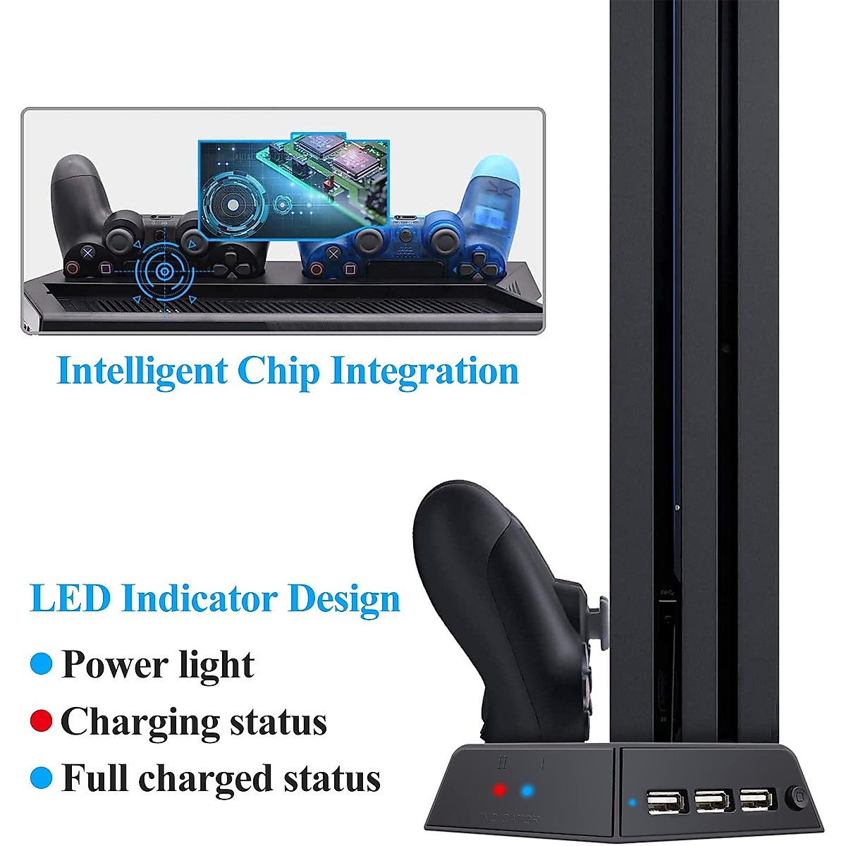 FASTSNAIL Vertical Stand for PS4 Pro with Cooling Fan, Controller Charging Station for PlayStation 4 Pro, Charger for DualShock 4 Controller with LED Indicator