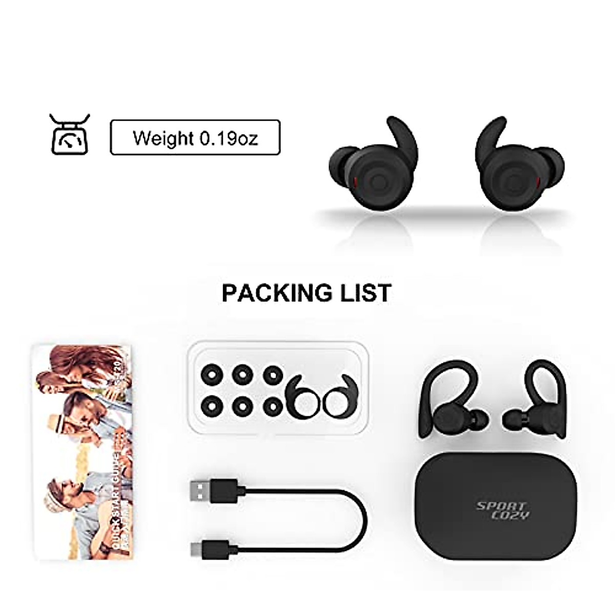Black Wireless Earbuds with Earhooks Bluetooth Earbuds with Ear Hook Waterproof Sport Headphones Noise Cancelling Ear Buds with Microphone Long Battery Life Earphones for Running Workout Android iOS