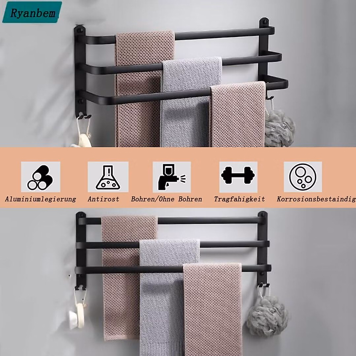 Towel Rails Wall Mounted with 2 Hooks Space Aluminum Towel Rack Bathroom,Drilling and No Drilling Towel Holder for Bathroom Hotel Kitchen Black 3 Layer 80cm