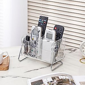 Yesesion Acrylic Remote Control Holder, Clear TV Remote Caddy for Bedside Table, Desk Storage Organizer with Removable Dividers for Marker Pen and Pencils, Home Office Supplies, Phone, Eyeglasses