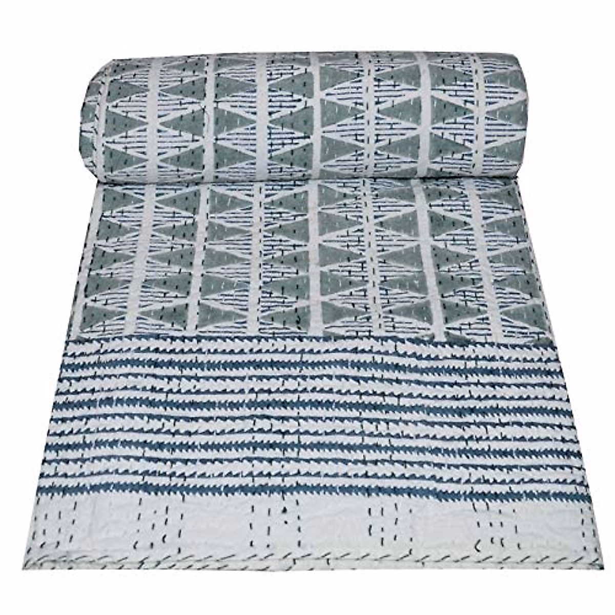 MAVISS HOMES Hand Block Print Kantha Quilt | Queen Size Cotton Quilt | Throw Blanket Bedspread |Vintage Kantha Blanket |Leightweight Cozy Soft Blanket; White and Blue