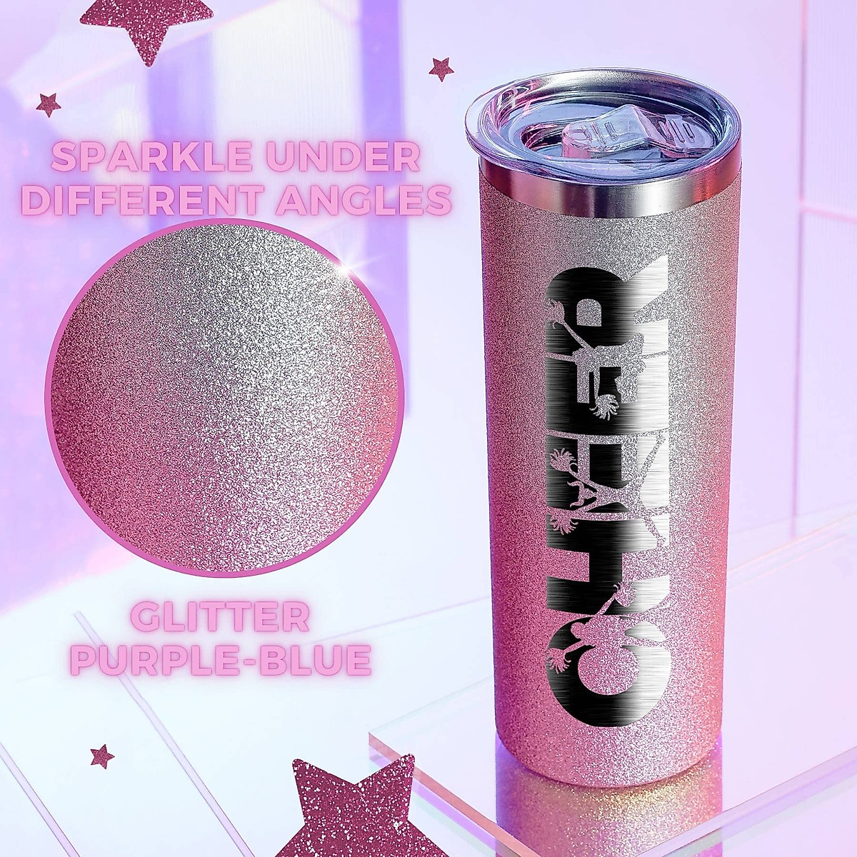 Onebttl Cheerleader Glitter Tumbler Gifts For Girls - Cheer - 20oz/590ml Stainless Steel Insulated Tumbler with Straw, Lid - Gift for Cheerleading, Coach or Cheer Squad - (Pink-Sliver Gradient)