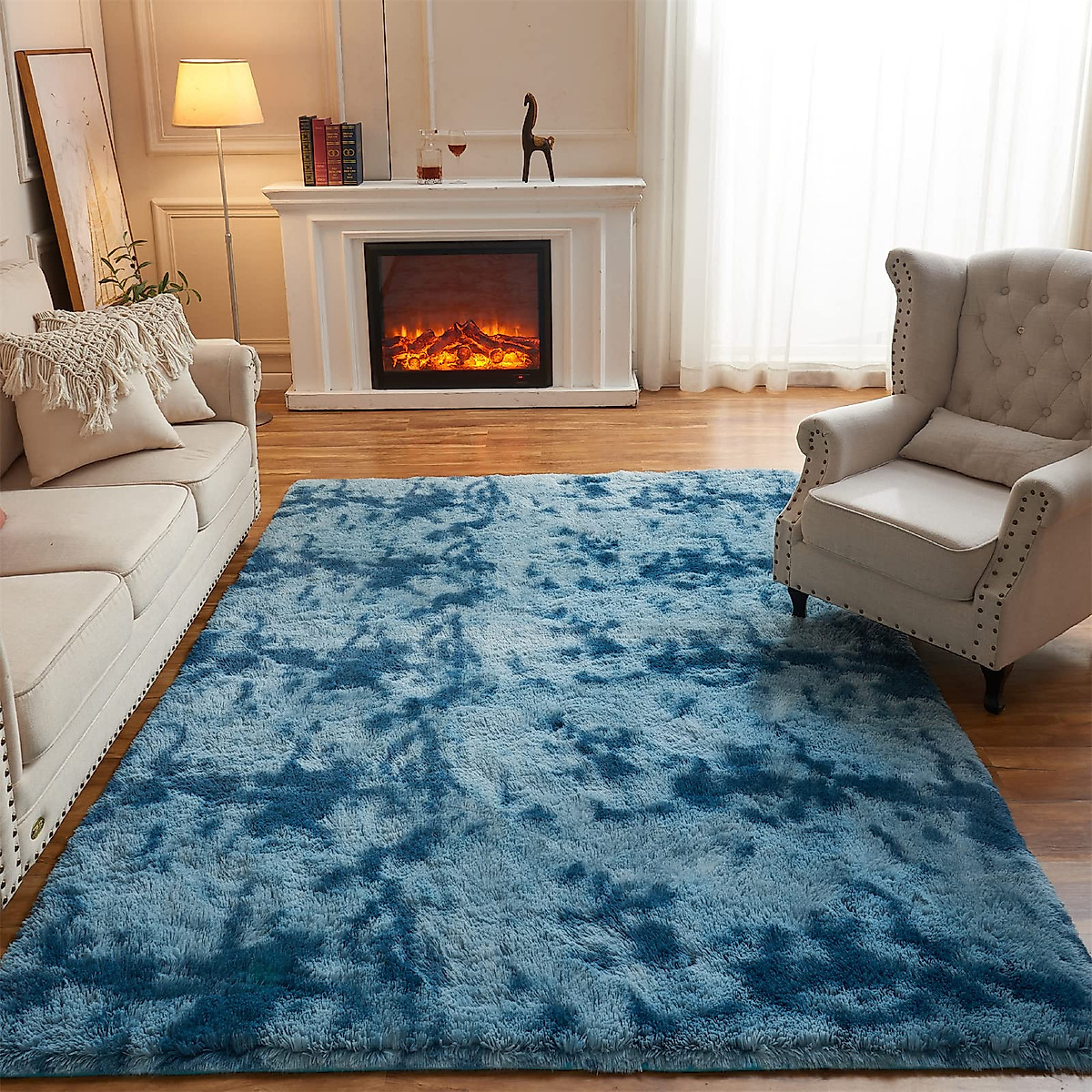 Arbosofe Area Rugs for Living Room Bedroom, 9X12 ft Tie dyed Blue Fluffy Fuzzy Shag Small Carpet Soft Plush Furry Clearance Rug, Cute Rugs for Nursery, Playroom, Kids and Girls Room