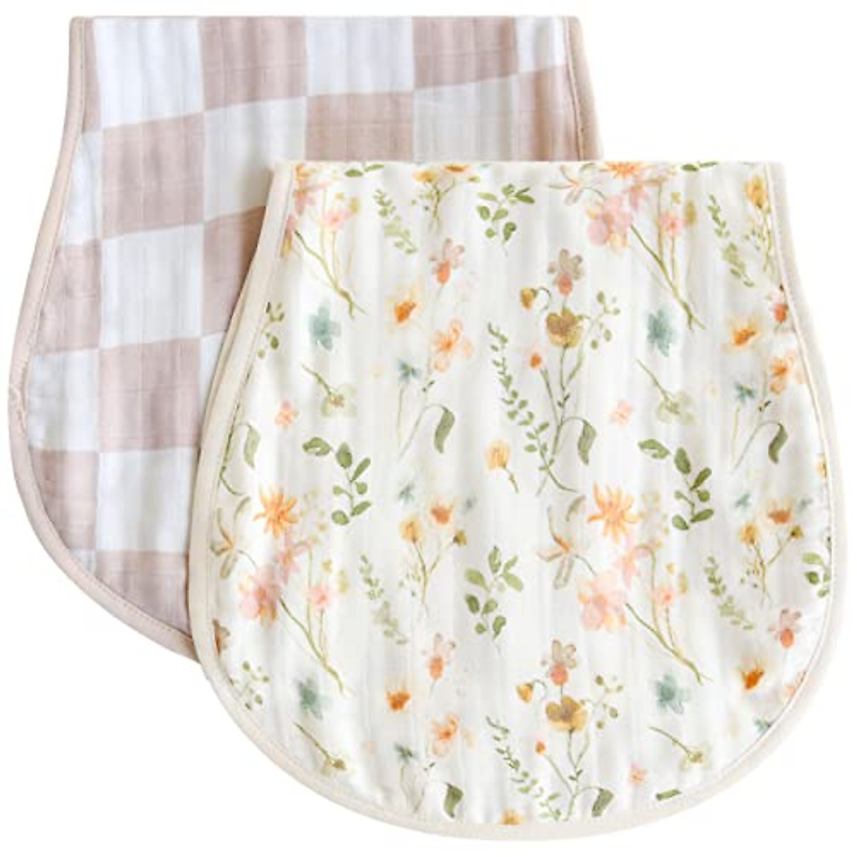 LifeTree Muslin Baby Burp Cloths, Soft Bamboo Cotton, Large Baby Washcloths, Face Towel, Burping Rags, Bibs for Newborn Boys Girls, Set of 2 (Floral & Dusty Pink Checkerboard)